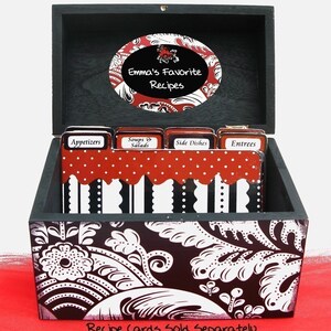 Personalized Recipe Box Black, Red and White Damask Crimson Poppies ...