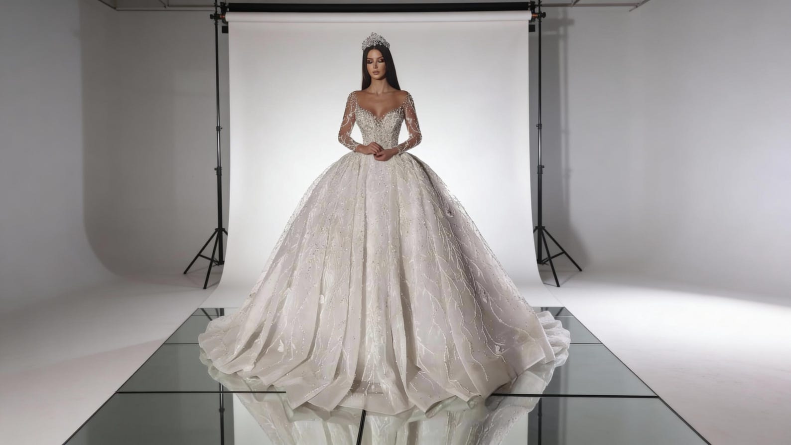 Luxury Crystal Ball Gown Wedding Dress • Long Sleeve Sparkle Bridal ...