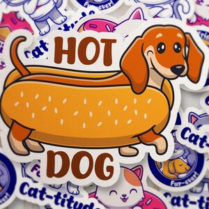 Hot Dog - Cute Dog in a Bun Sticker, Funny Pun Design, Adorable Vinyl ...