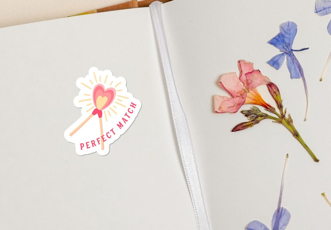 Perfect Match Sticker, Two Matches Forming Heart Flame, Cute Love Pun ...