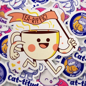 Tea-riffic - Cute Teacup Sticker, Fun Pun Design, Adorable Vinyl ...