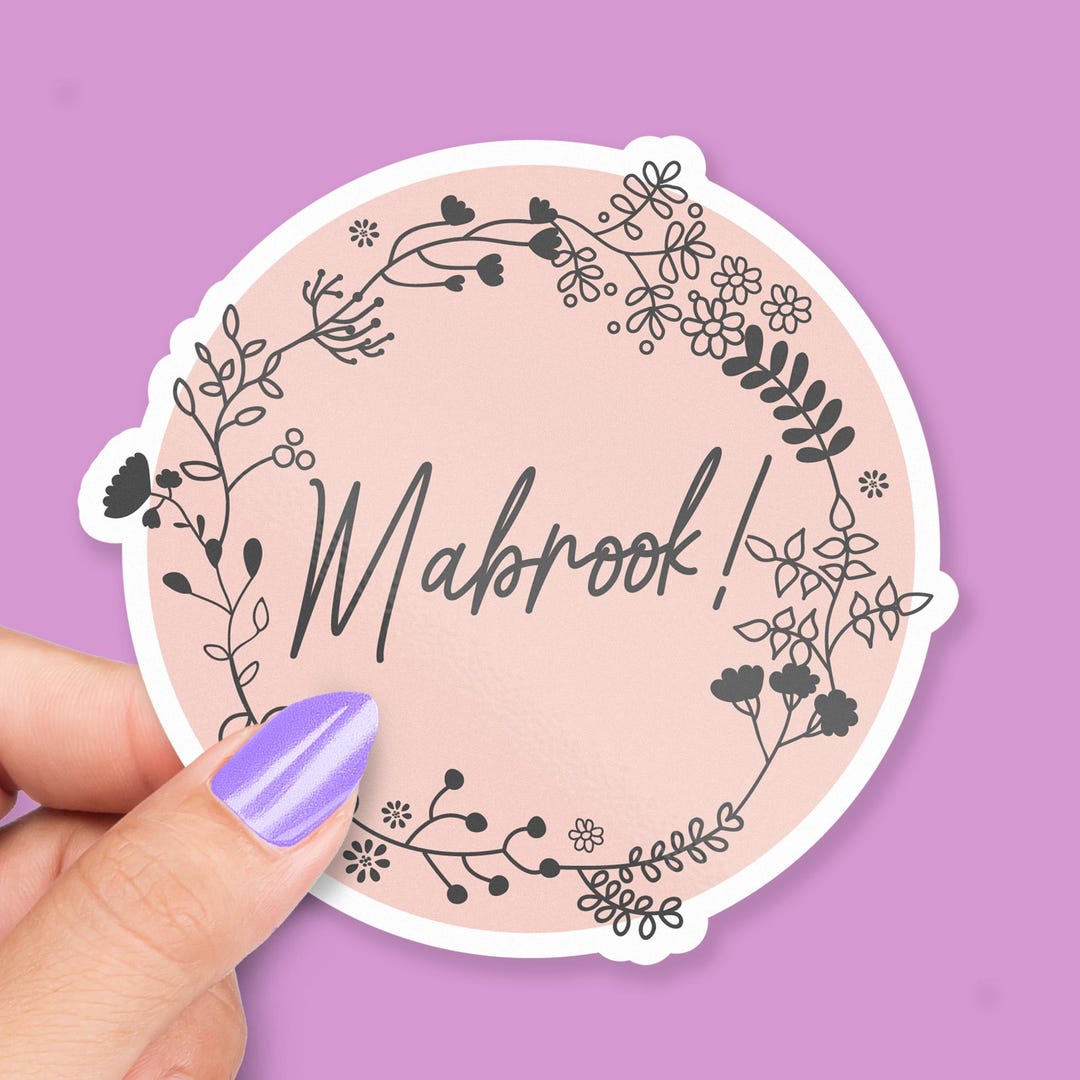 Mabrook Sticker, Floral Wreath Pink Circle Vinyl Sticker, English ...