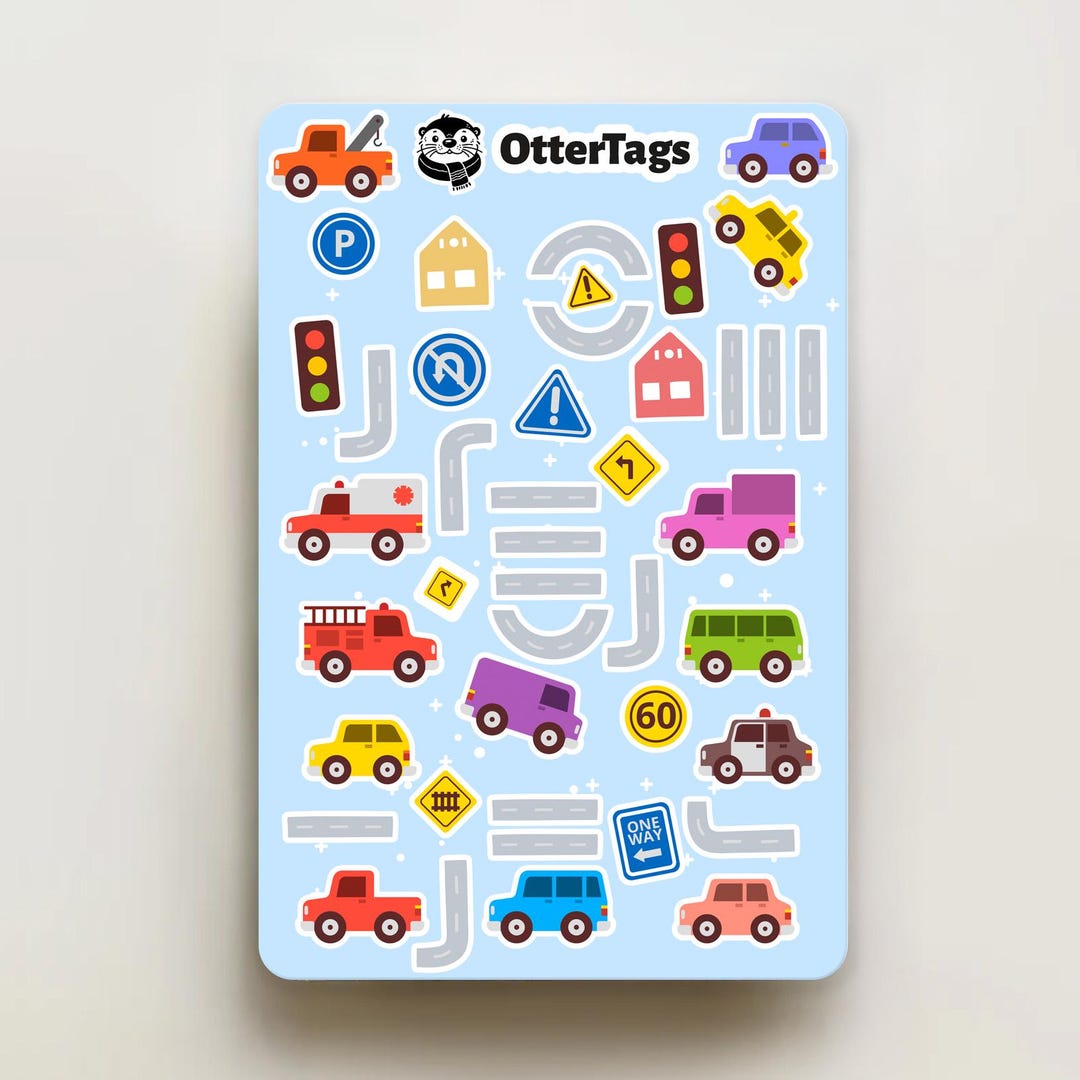 Fun Car and Road Sticker Sheet, Cute Vehicle Stickers, Roads & Signs ...
