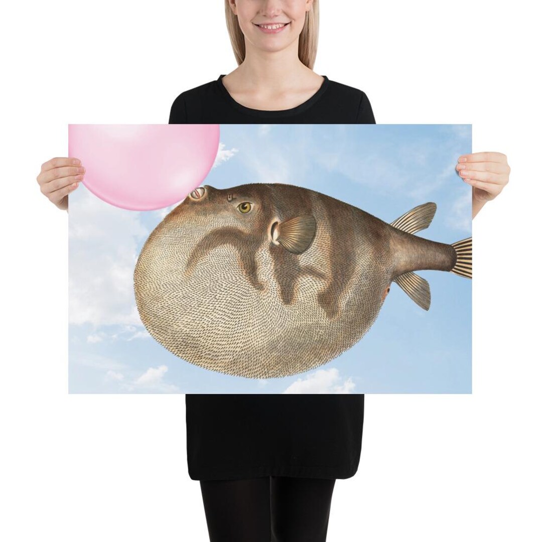 Puffer Fish Blowing A Bubblegum Bubble Coastal Art Decor Poster Print ...