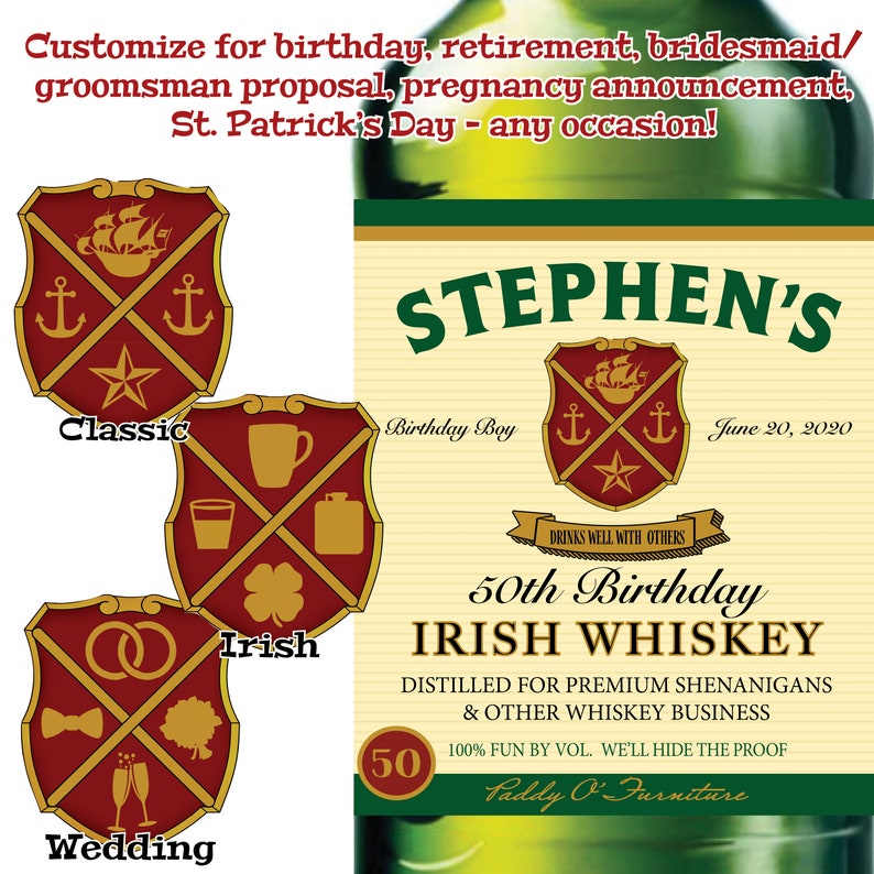 Personalized Vinyl Irish Whiskey Label for Birthday - Etsy