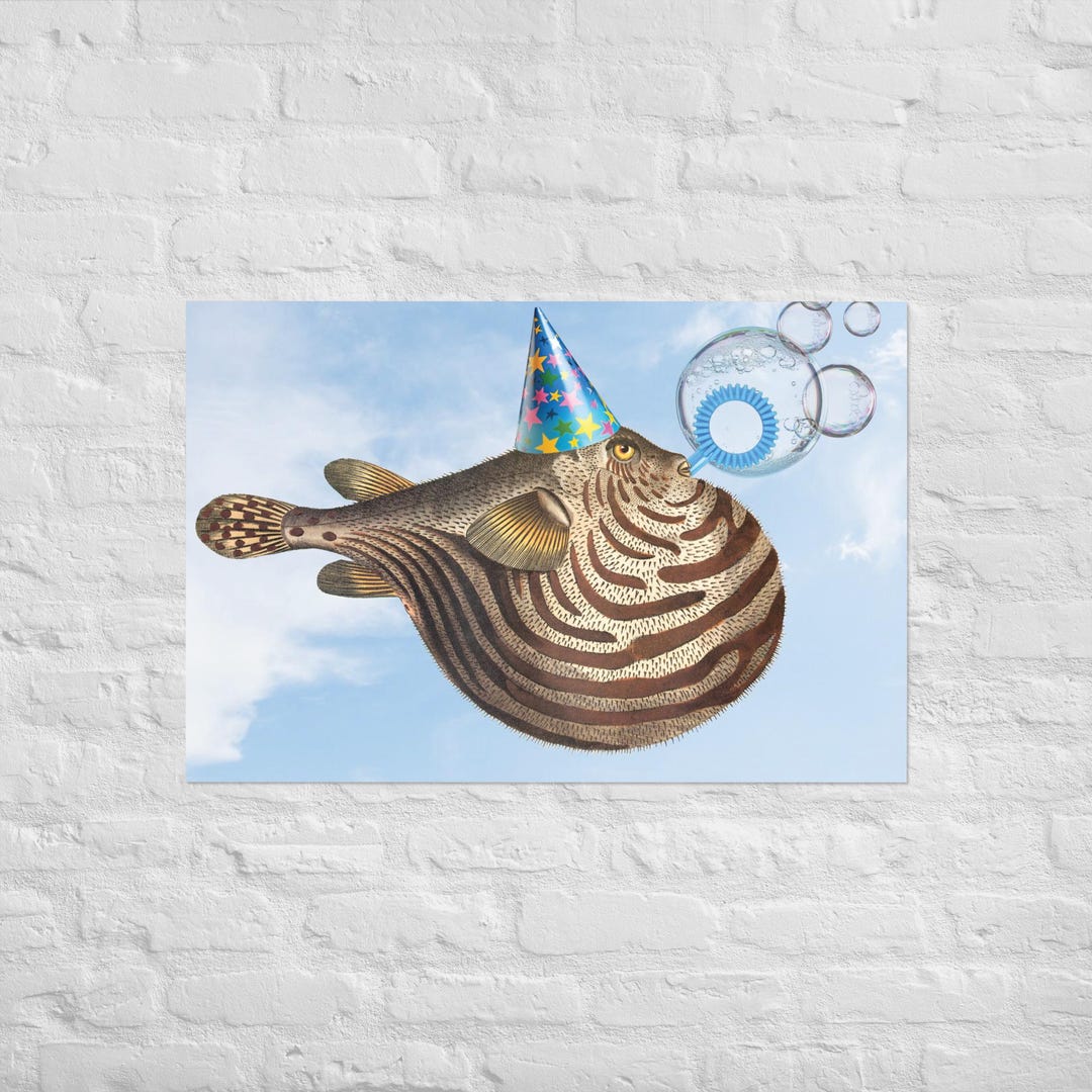 Puffer Blow Fish Blowing Bubbles Coastal, Whimsical Art Decor Poster ...