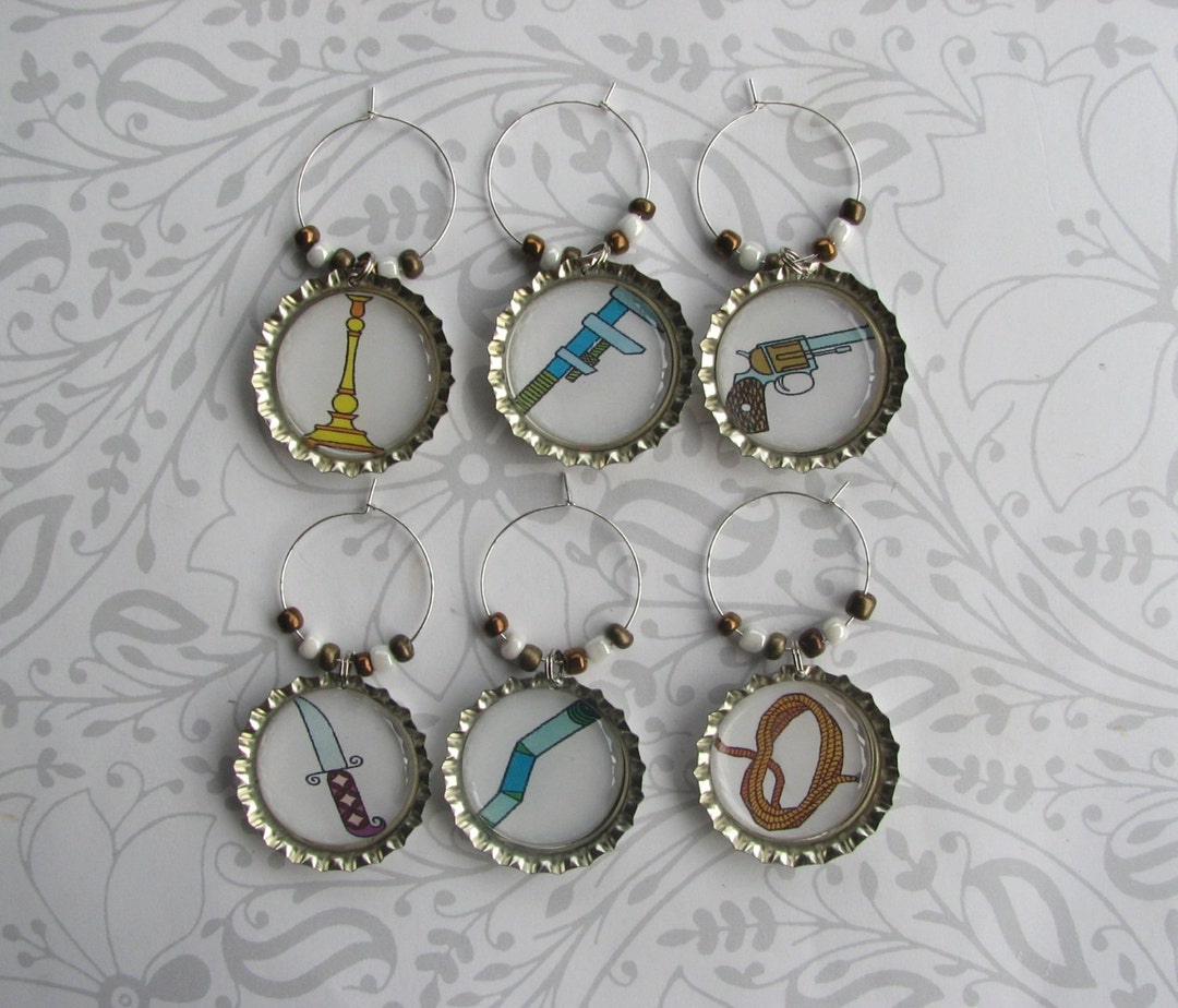Clue Game Weapon Wine Charms – Handmade Bottle Cap Drink Markers (set ...