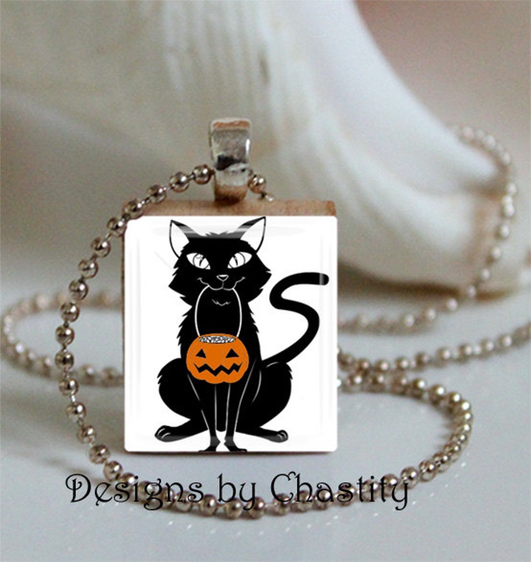 Black Cat Scrabble Tile Necklace: Vintage Halloween Pendant - Etsy