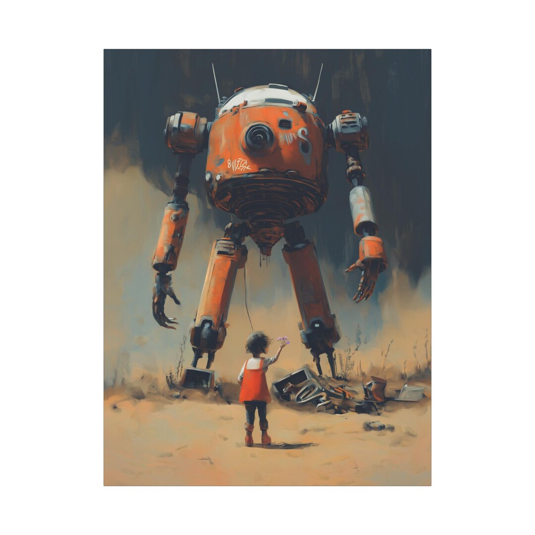 Canvas Print, Post-apocalyptic Robot, Hope, Child Giving Flower - Wall ...