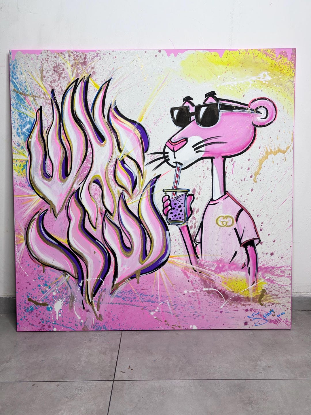 Mon feu | Pop art juif inspiré de Breslev avec panthère rose | Street art hassidique 100 x 100 ...