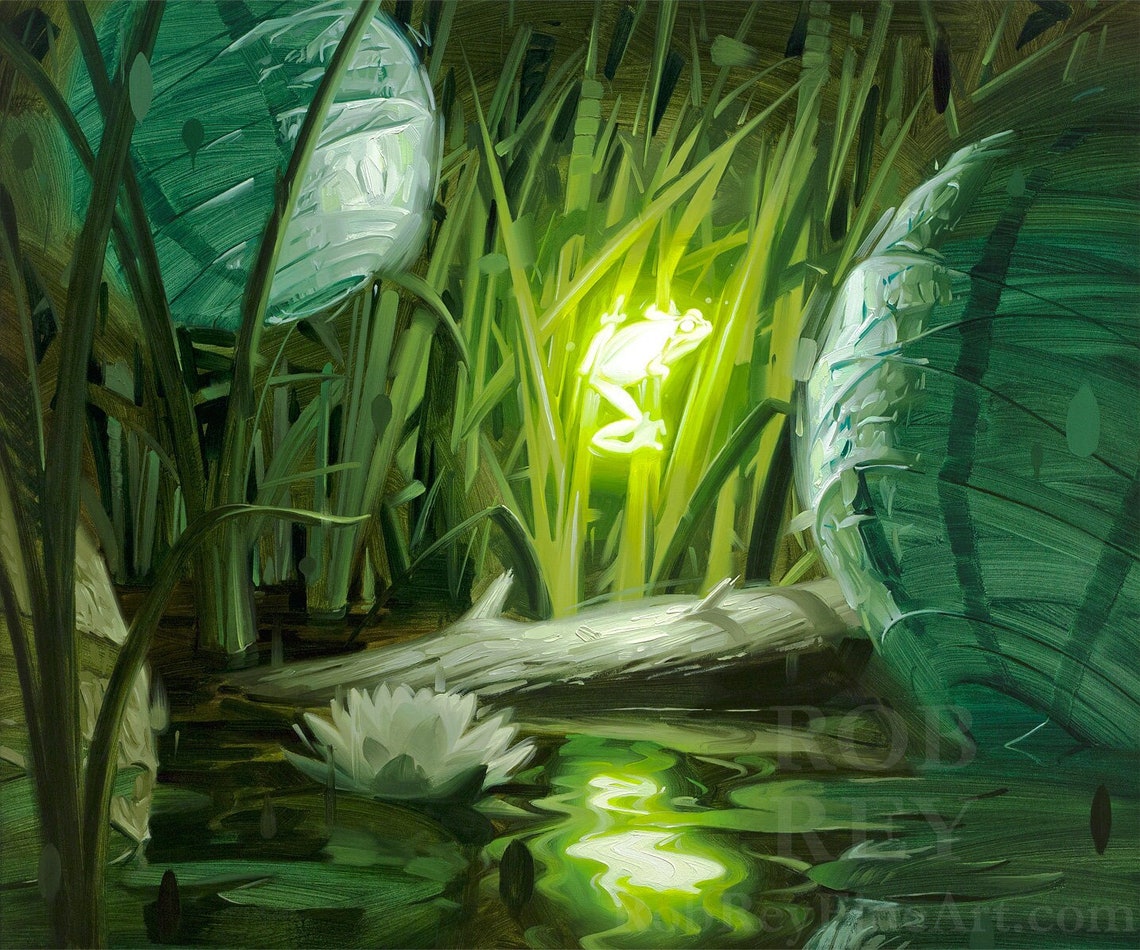 Bioluminescence Frog Print of Original Oil Painting, Glowing Green Frog ...