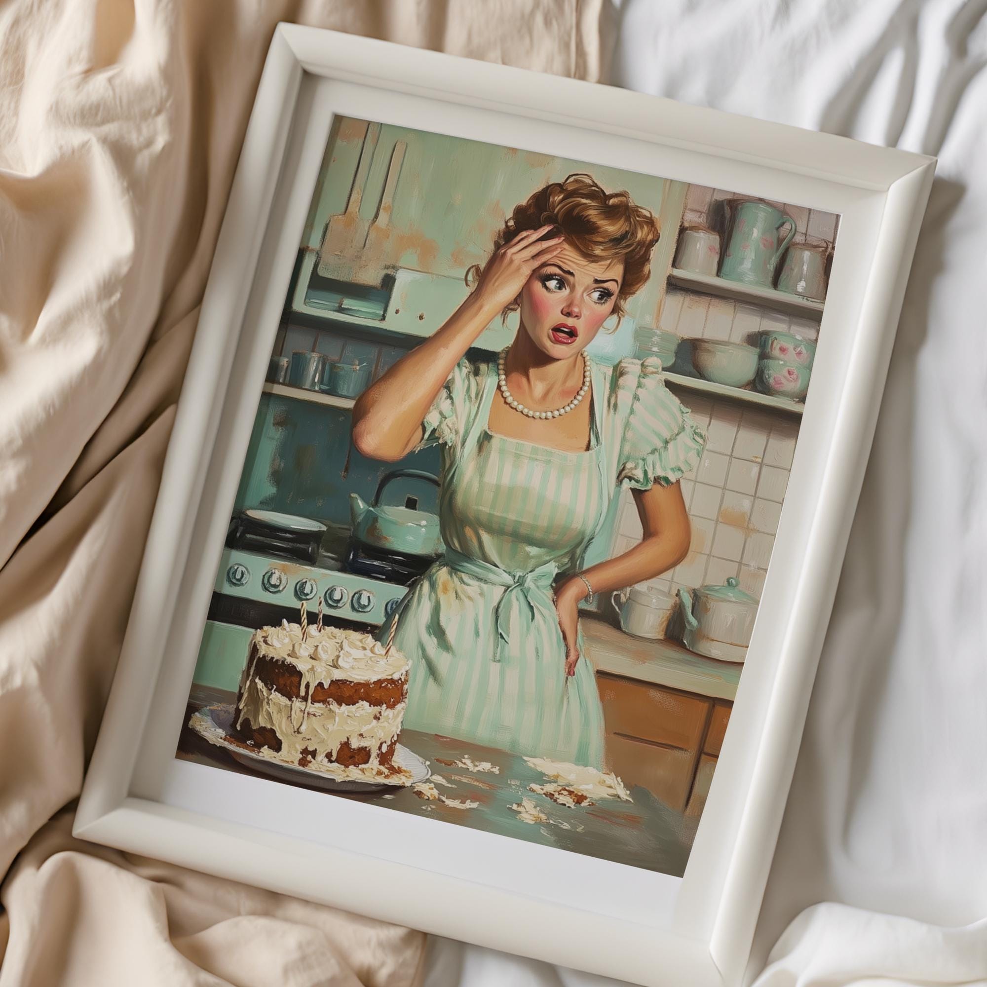 50s Funny Kitchen Wall Art, Retro Housewife Cake Baking Disaster Print ...