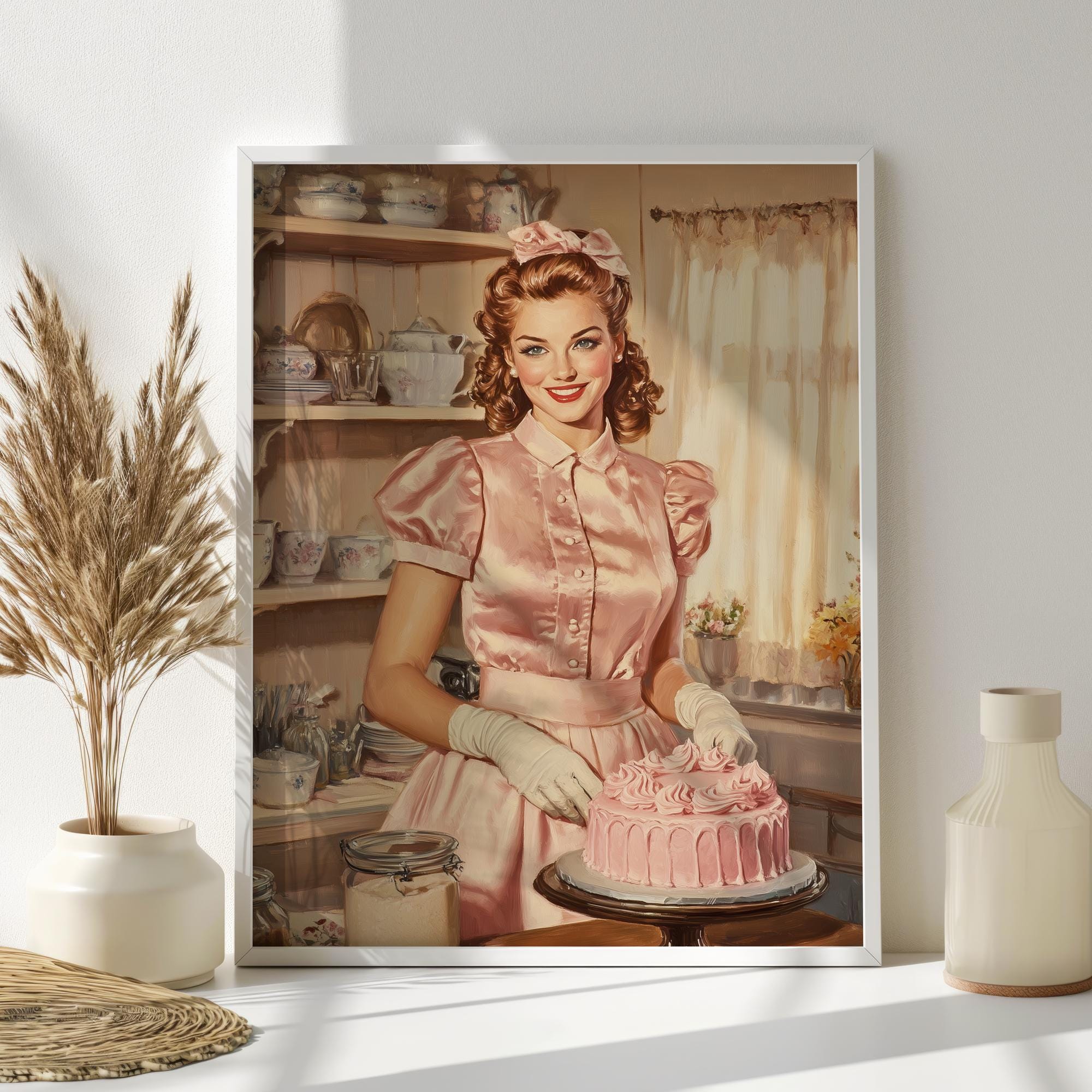 1950s Retro Wall Art, Kitchen Housewife Baking Print, Pink Baker Poster ...