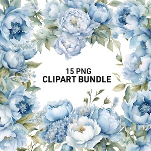 Dusty Blue Floral Clipart, PNG Blue Peony Flower Bouquets and Wreaths ...