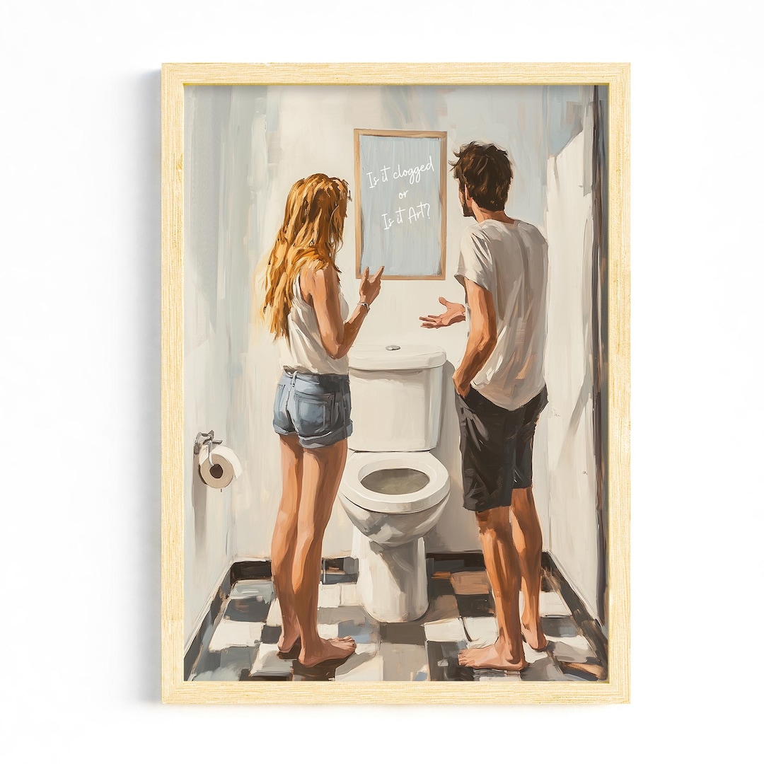 Funny Bathroom Wall Art, Bathroom Decor, Funny Couple Painting Print ...
