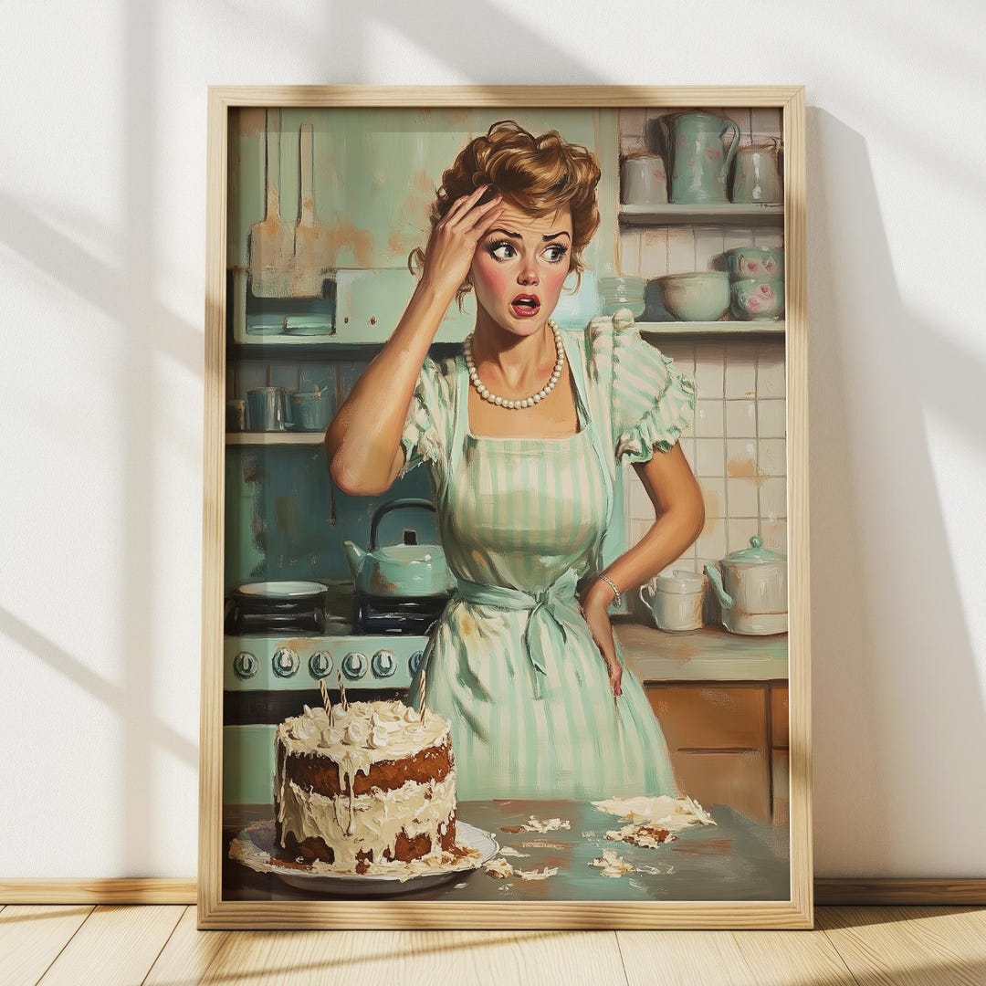 50s Funny Kitchen Wall Art, Retro Housewife Cake Baking Disaster Print ...
