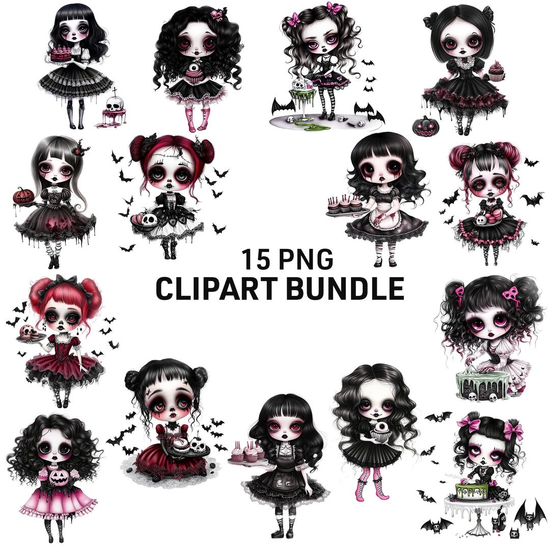 Gothic Baker Halloween Clipart, 15 PNG Black Witch Horror Doll Print ...