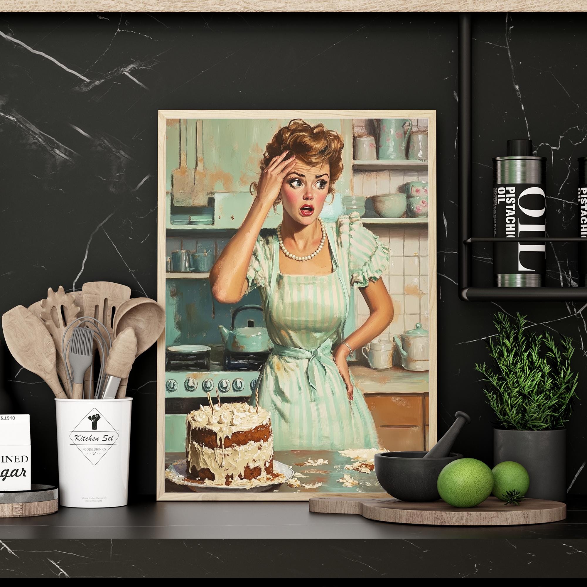 50s Funny Kitchen Wall Art, Retro Housewife Cake Baking Disaster Print ...
