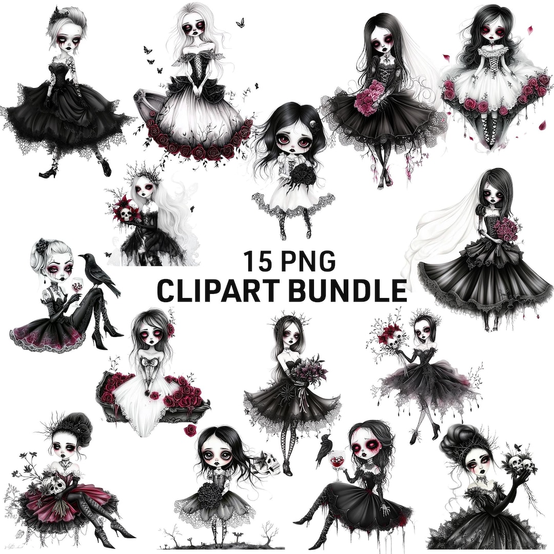 Gothic Bride Halloween Clipart Bundle, 15 PNG Dark Horror Doll Witch ...