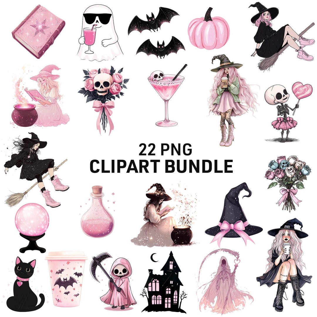 Halloween Clipart, 22 PNG Pink Cute Witch Girl Art Print, Pastel Goth ...
