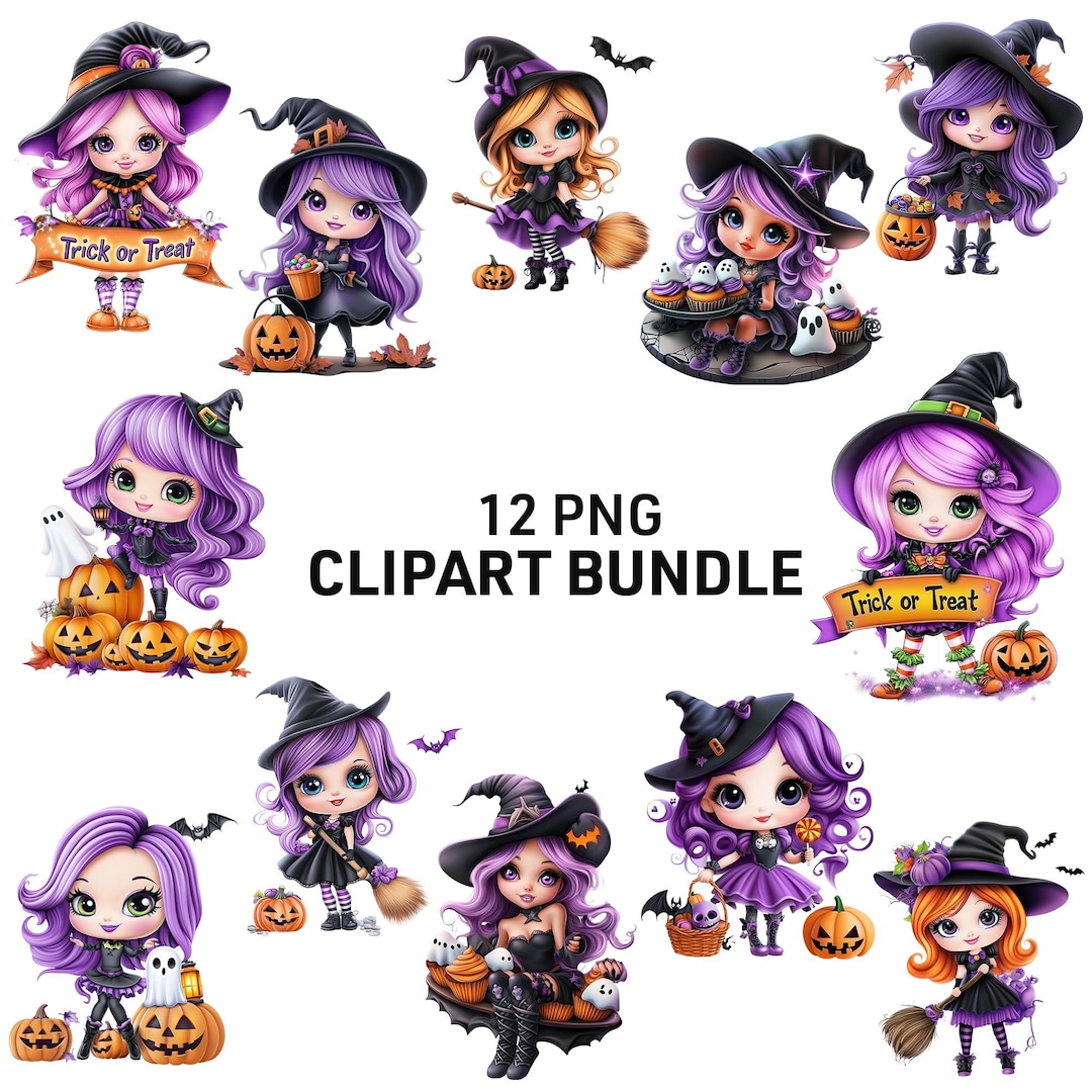 Halloween Clipart Cute Witch, 12 PNG Kawaii Chibi Purple Witch Print ...