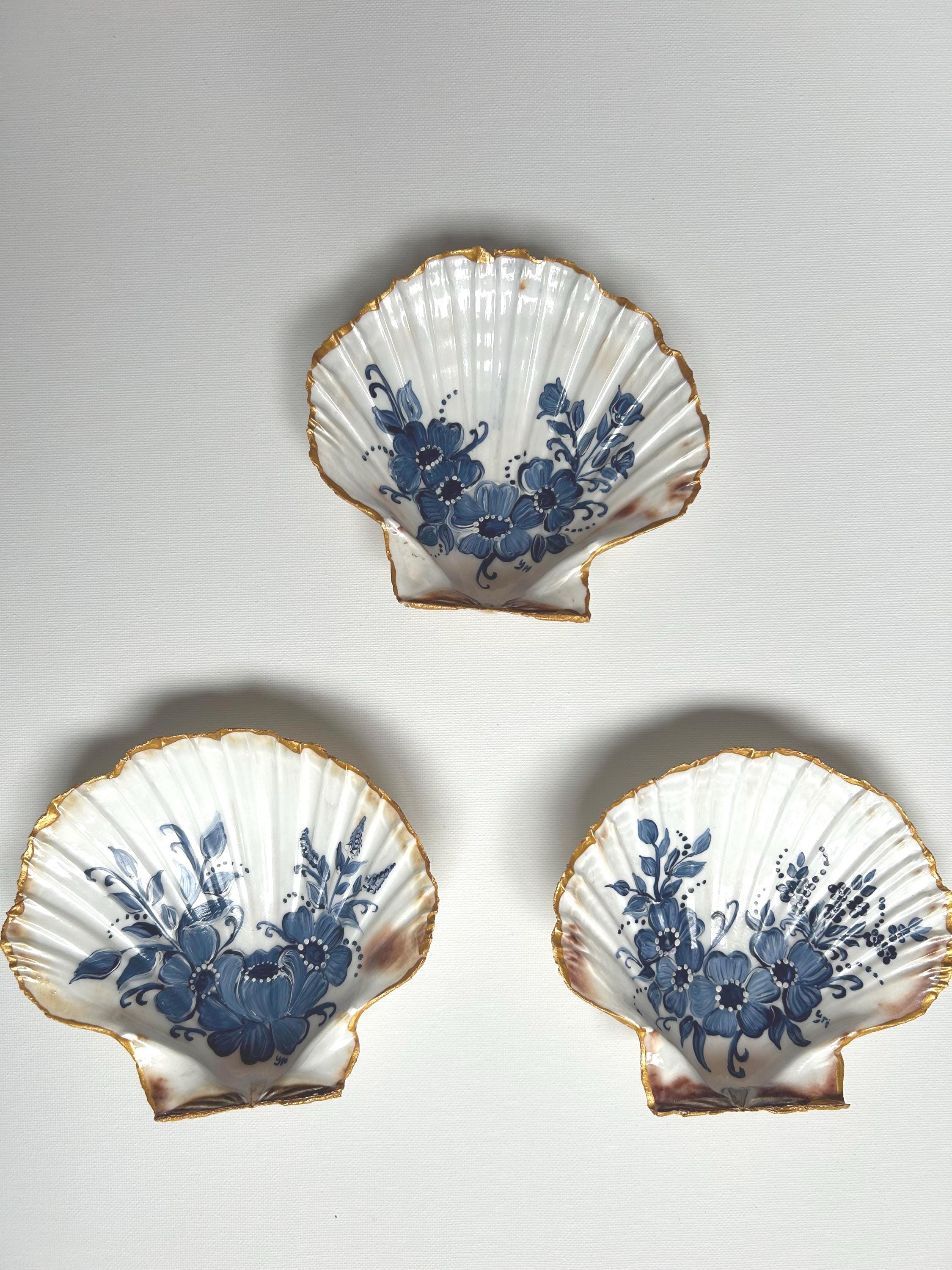 Grandma's Hand-painted Sea Shell With Blue Flowers | Unique Floral Art ...