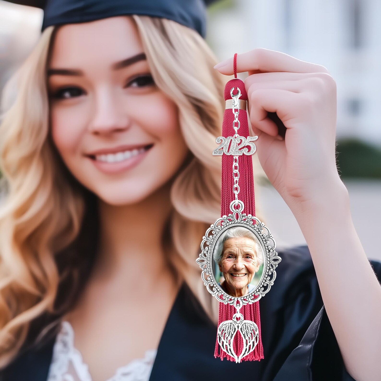 Custom Graduation Photo Charm With Angel Wings, Memorial Tassel Charm ...