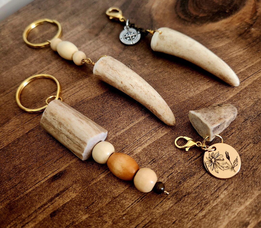 Antler Slice Keychain With Wood Beads, Flower Charms, or Compass ...