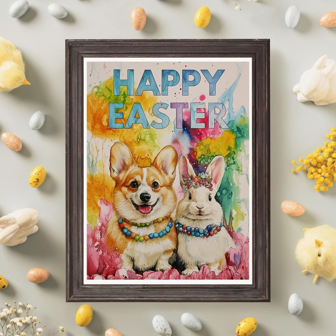 Corgi and Bunny Wall Art, Spring Easter Decor, Animal Lover Gift, Cute ...