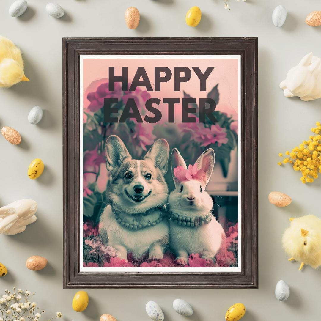 Corgi and Bunny Wall Art, Spring Easter Decor, Animal Lover Gift, Cute ...
