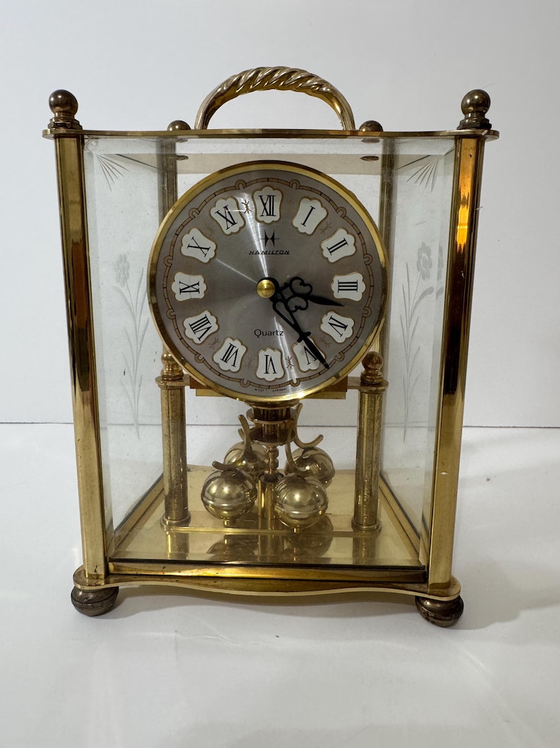 Working Vintage Hamilton Quartz Pendulum Desk Clock -etched Glass ...