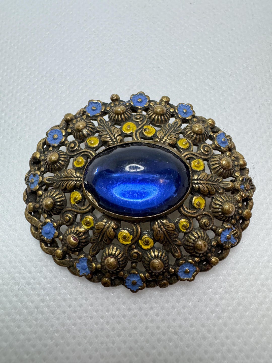 Antique Bohemian Brooch: Blue Glass Cabochon, Floral Enamel Filigree - Etsy