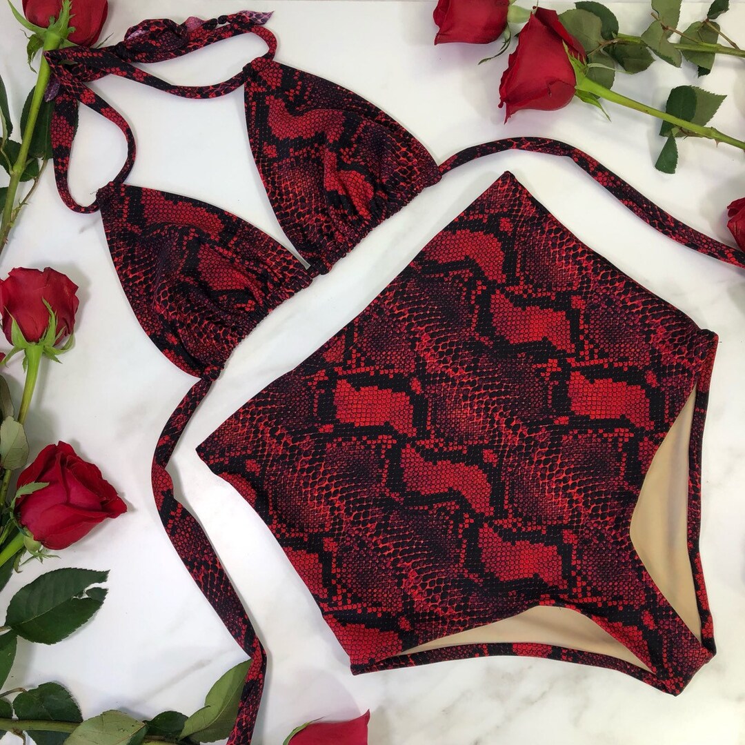 High Waist Bathing Suit Red Snake Print - Etsy