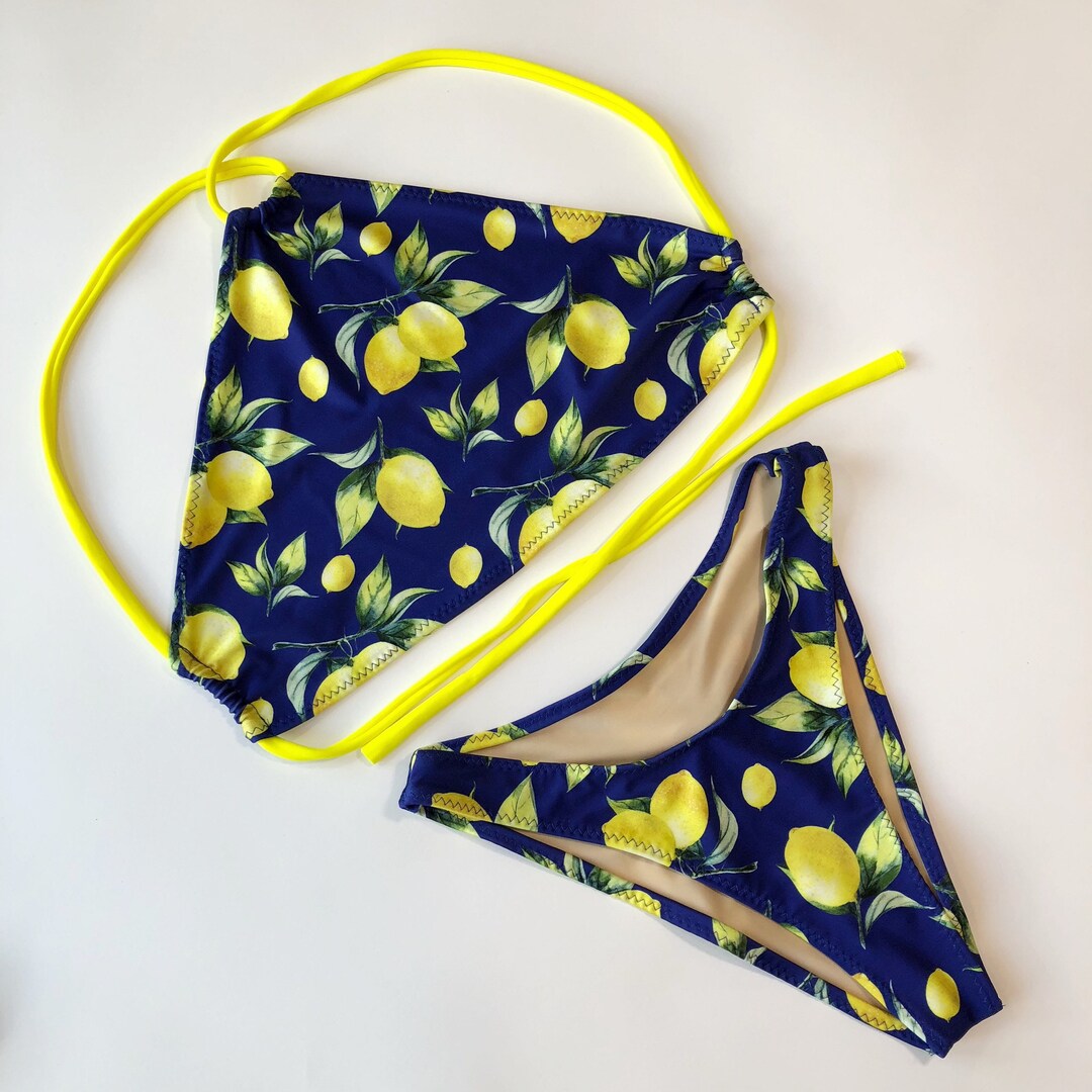 Women's Halter Crop Top Swimsuit Italian Lemon Print - Etsy