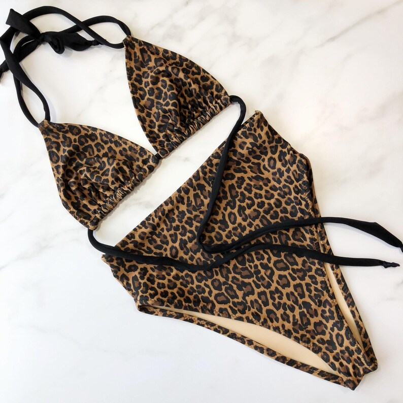 Women's High Waisted Mocha Leopard Bathing Suit Bikini High Leg Cheeky ...