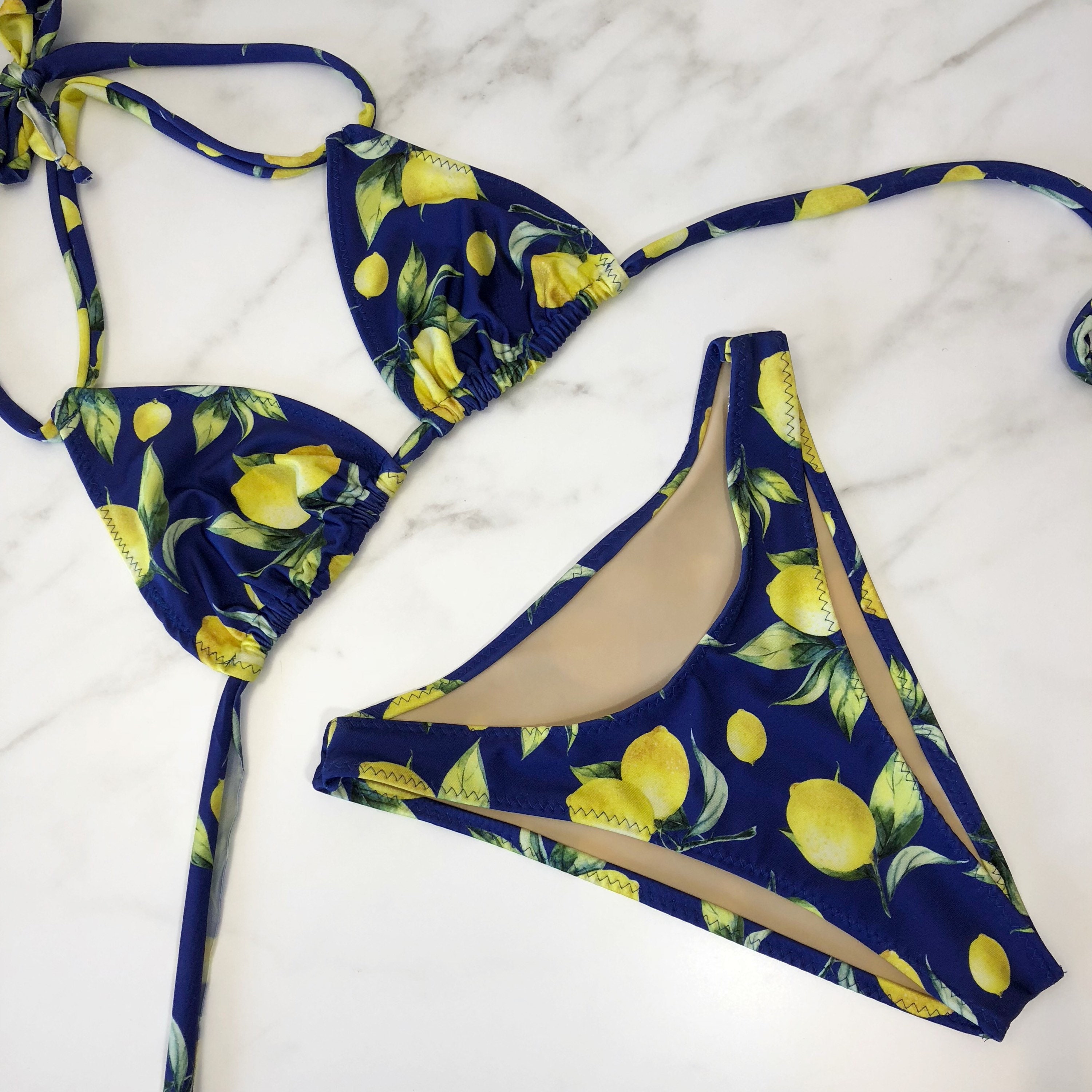 Womens Lemon Print High Leg Bikini 90s Style Bathing Suit Etsy