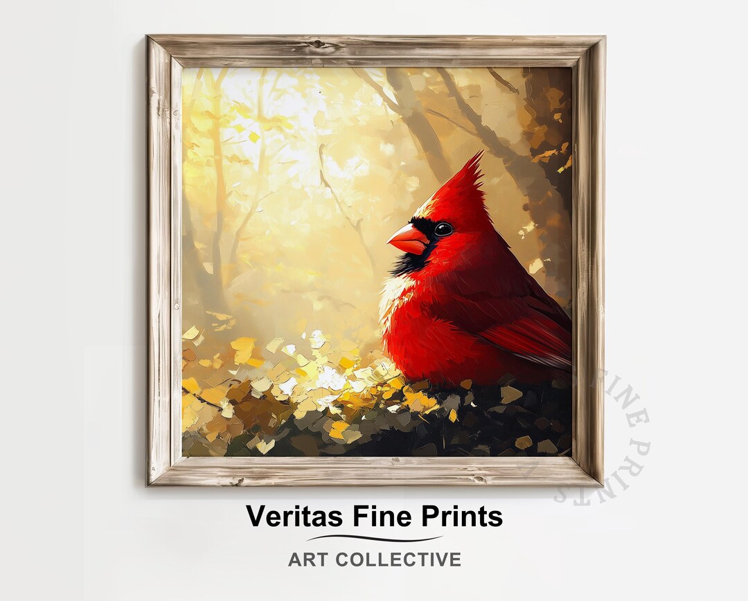 Autumn Cardinal in Golden Forest - Rustic Fall Bird Painting, Vintage ...