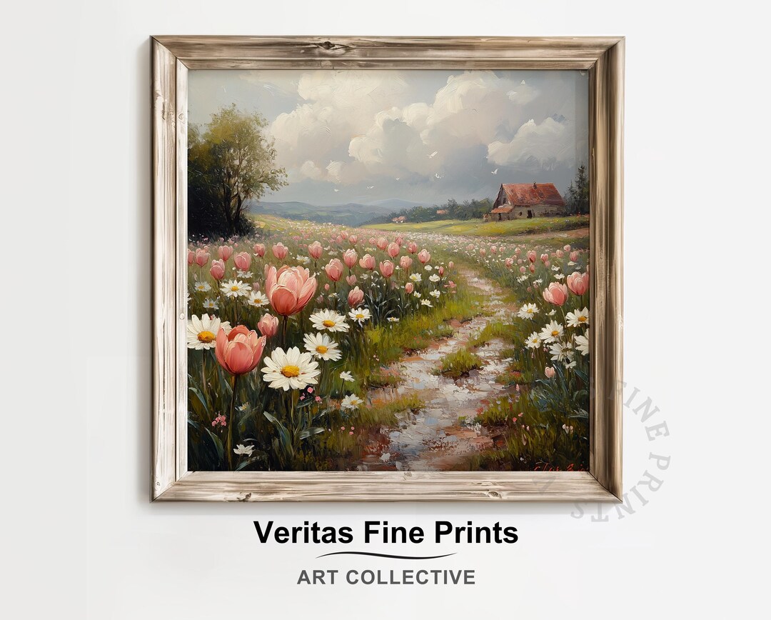 Wildflower Path to Cozy Cottage - Rustic Spring Landscape Wall Art ...