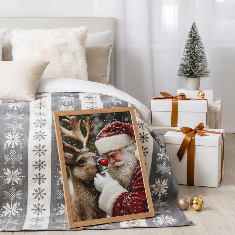 Santa and Rudolph Nose Nuzzle Printable Wall Art, Vintage Christmas Oil ...