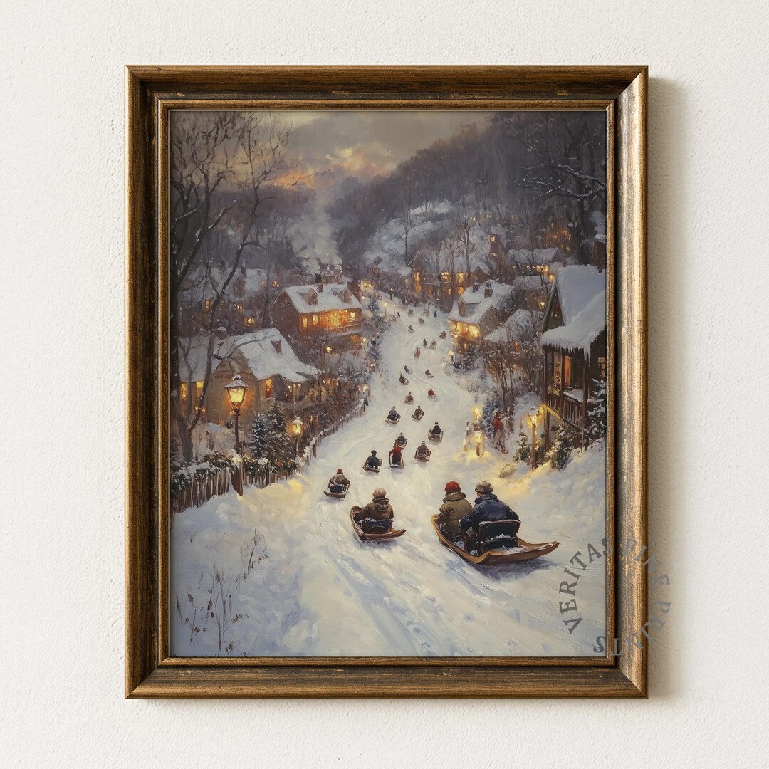 Vintage Sledding Village Oil Painting: Snowy Winter Scene (digital ...