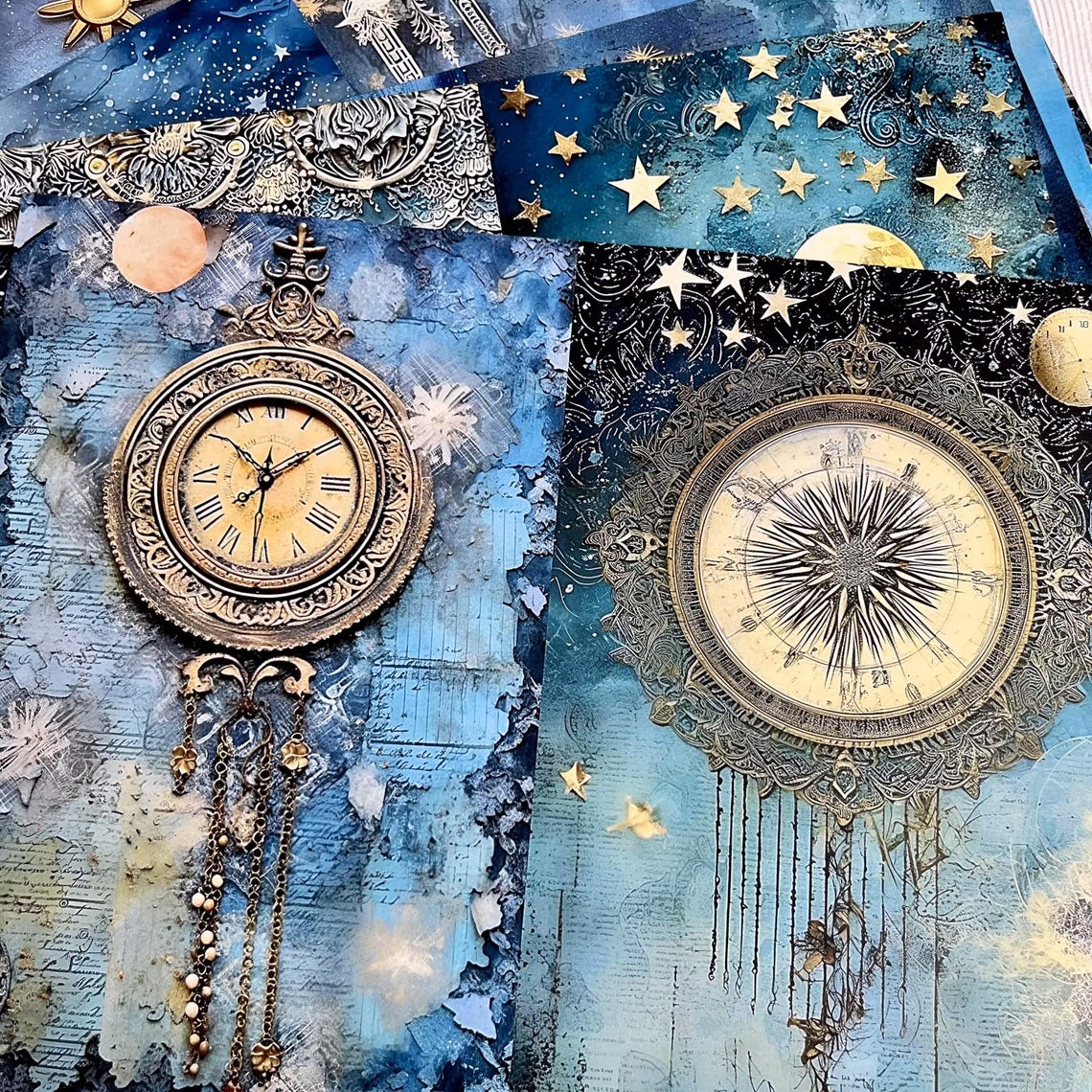 Celestial Junk Journal Background Paper/ Blue Astronomical Star & Moon ...