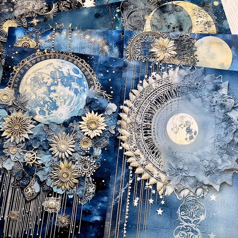 Celestial Junk Journal Background Paper/ Blue Astronomical Star & Moon ...