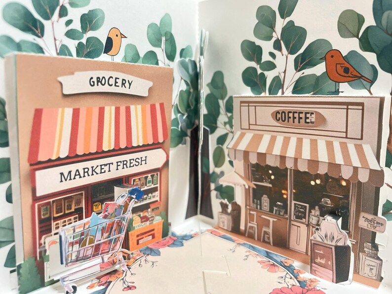 Whimsical Town Pop up Card Handmade Coffee Shop & Grocery Store ...