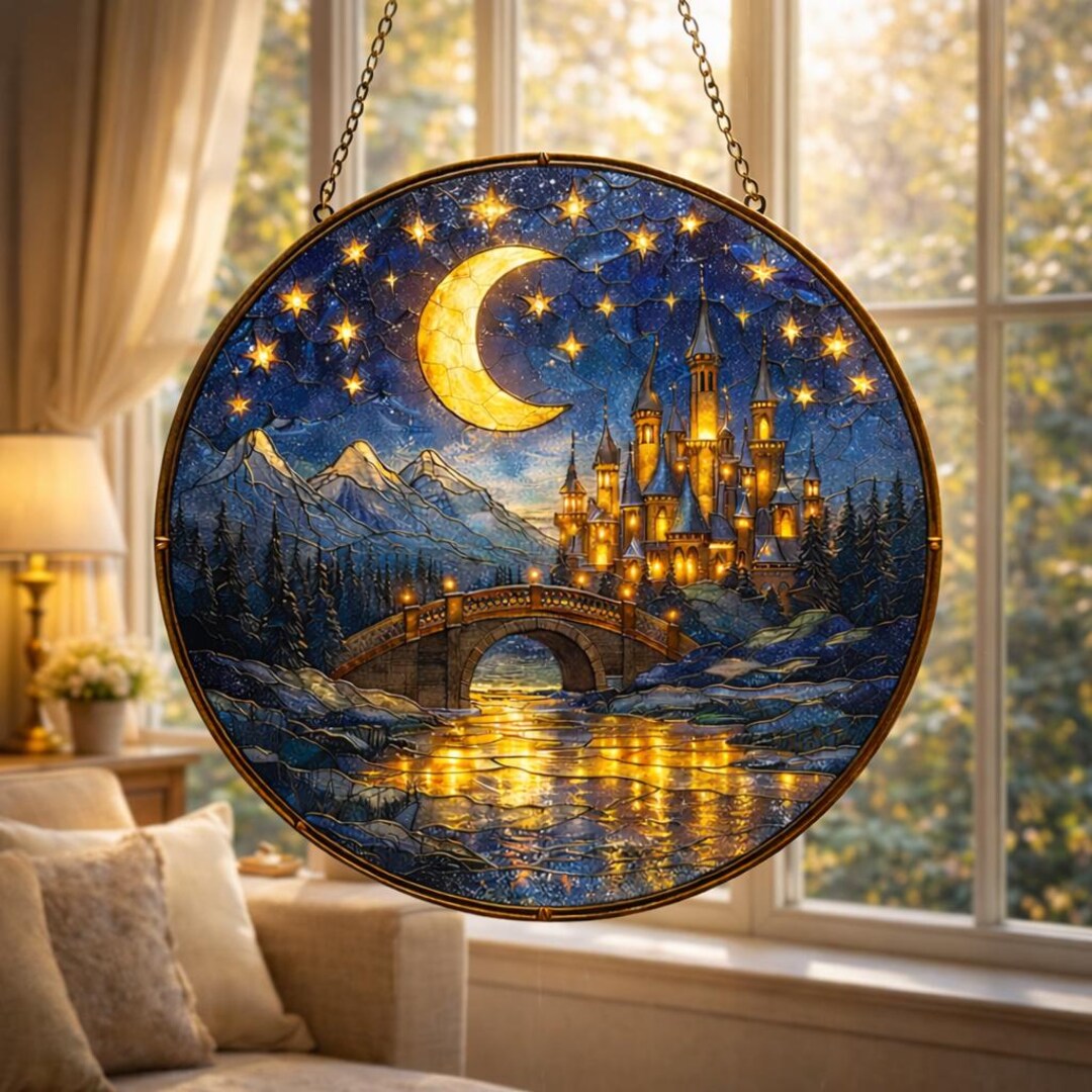 Stained Glass Suncatcher, Moonlit Castle, Night Sky Window Hanging - Etsy