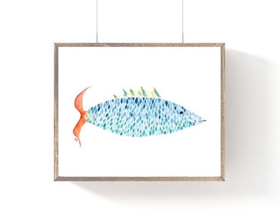 Fish Free Shipping Watercolor Art Print Shades of Blue and | Etsy