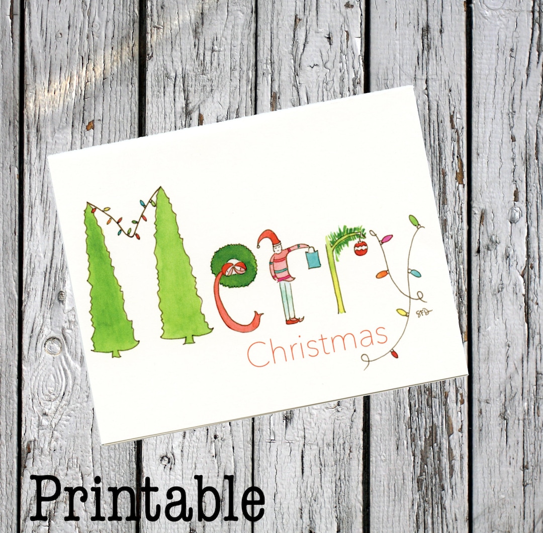 Printable Christmas Card, Watercolor Print, PDF and JPG Files, Merry ...