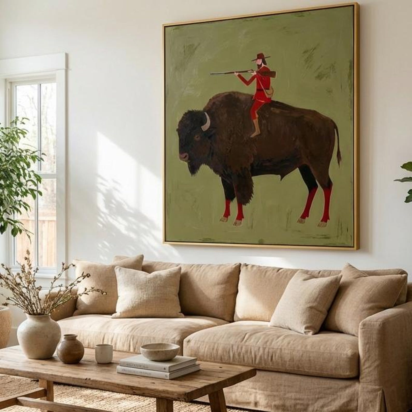 Cowboy Riding Buffalo Oil Painting, Vintage Western Folk Art - Etsy