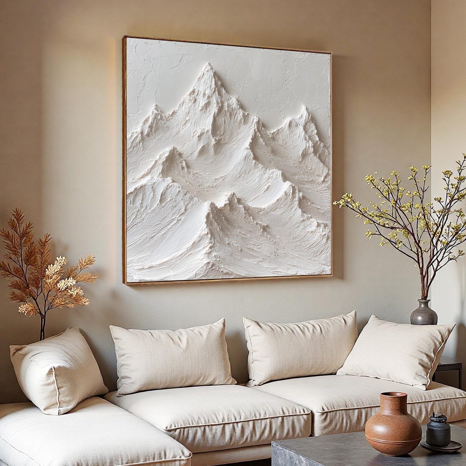 Textured Mountain Painting, 3D Plaster Wall Art, Minimalist White ...