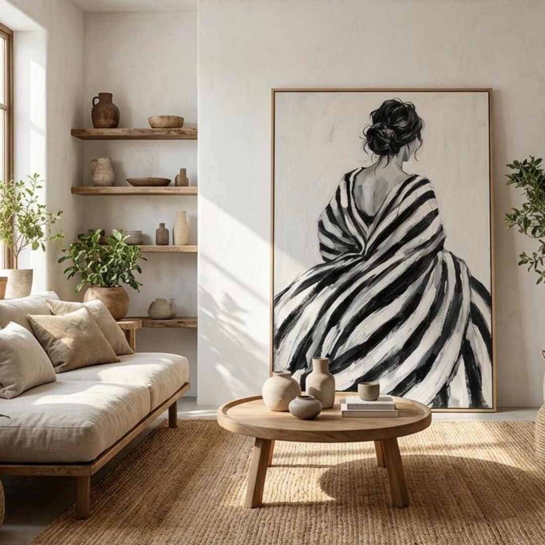 Original Woman Back Art Painting, Black and White Stripes, Modern Home ...