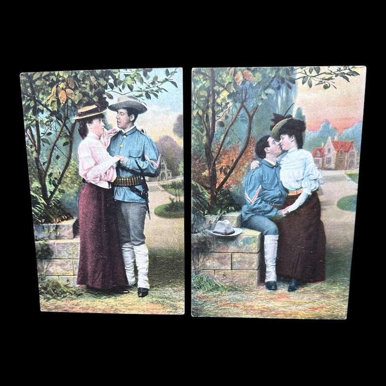 1900's Romantic Couple With Soldier in Uniform Two Postcards Military ...